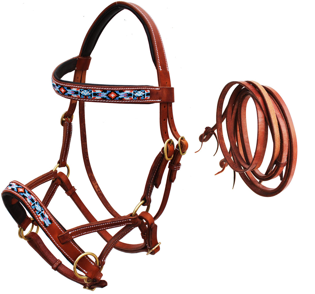 Horse Western Leather Training Tack Bitless Sidepull Beaded Bridle Rei — Challenger