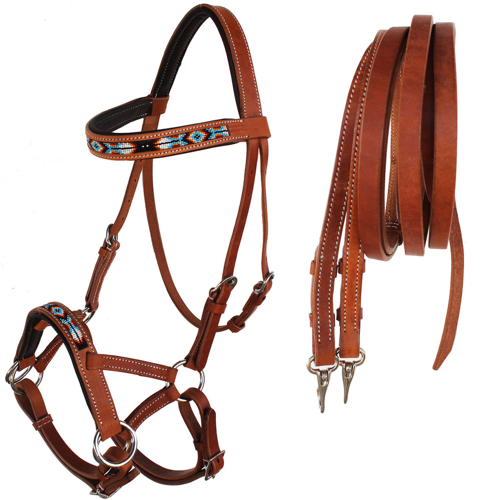 Horse Western Padded Leather Beaded Bitless Sidepull Bridle Reins 77RT — Challenger
