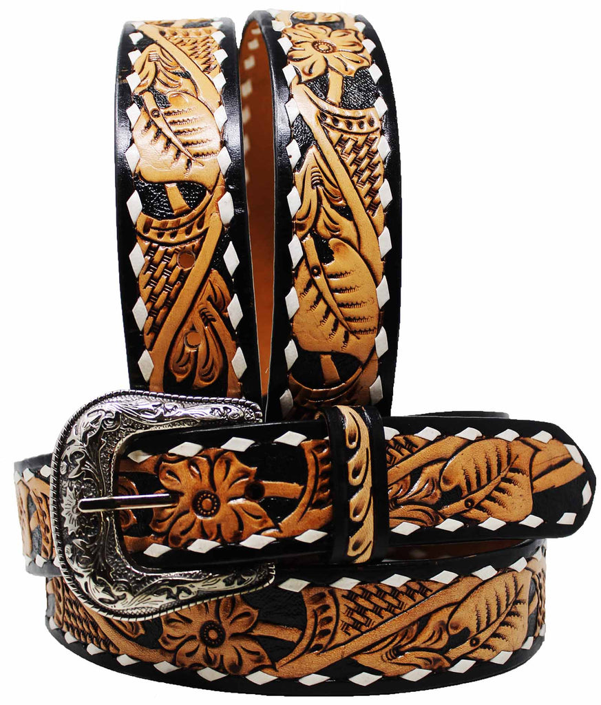 Western Floral Tooled Buckstitch Leather Belt 26FK16N — Challenger